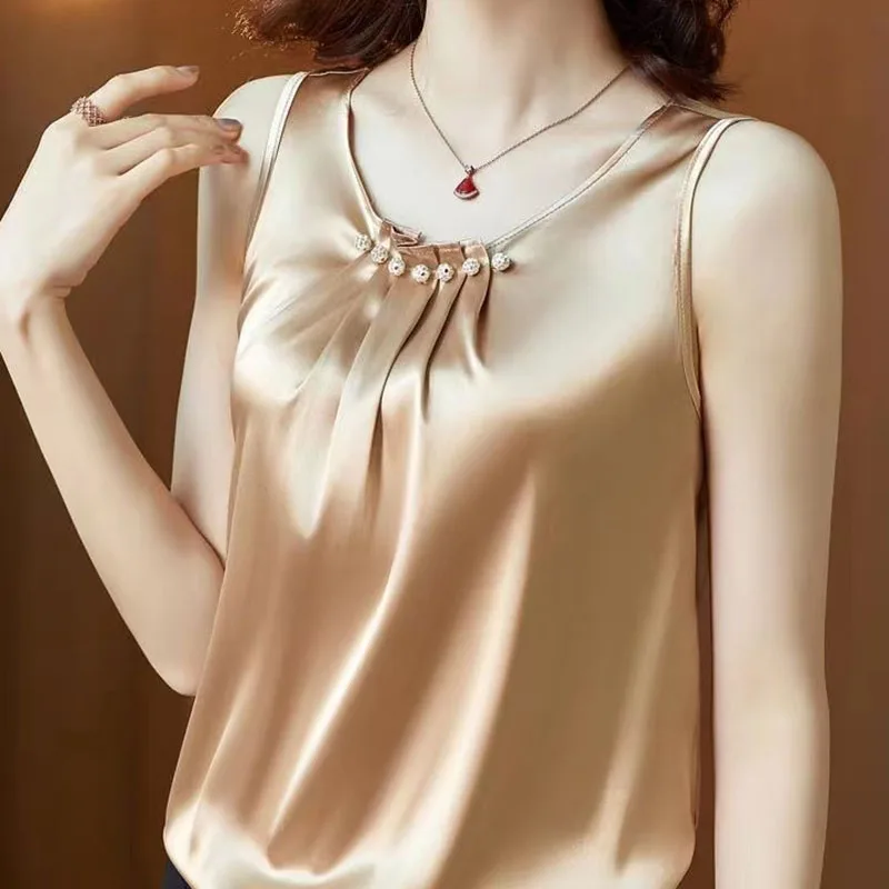 Strap Top O Neck Basic White Sleeveless Satin Silk Tank Tops Women's ...