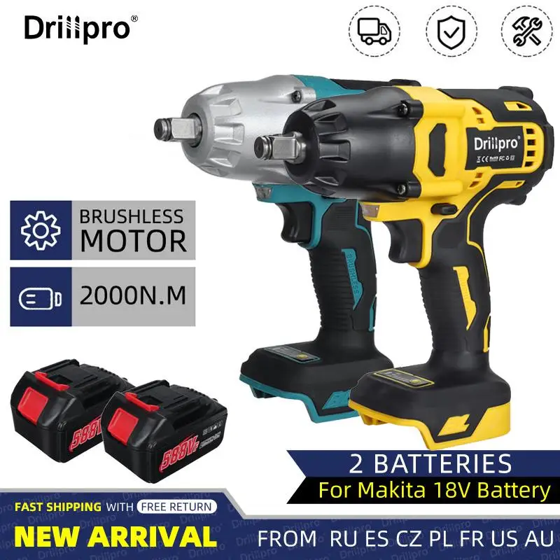 Drillpro 2000N.M High Torque Brushless Electric Impact Wrench 1/2" Cordless Wrench Rechargeable ...