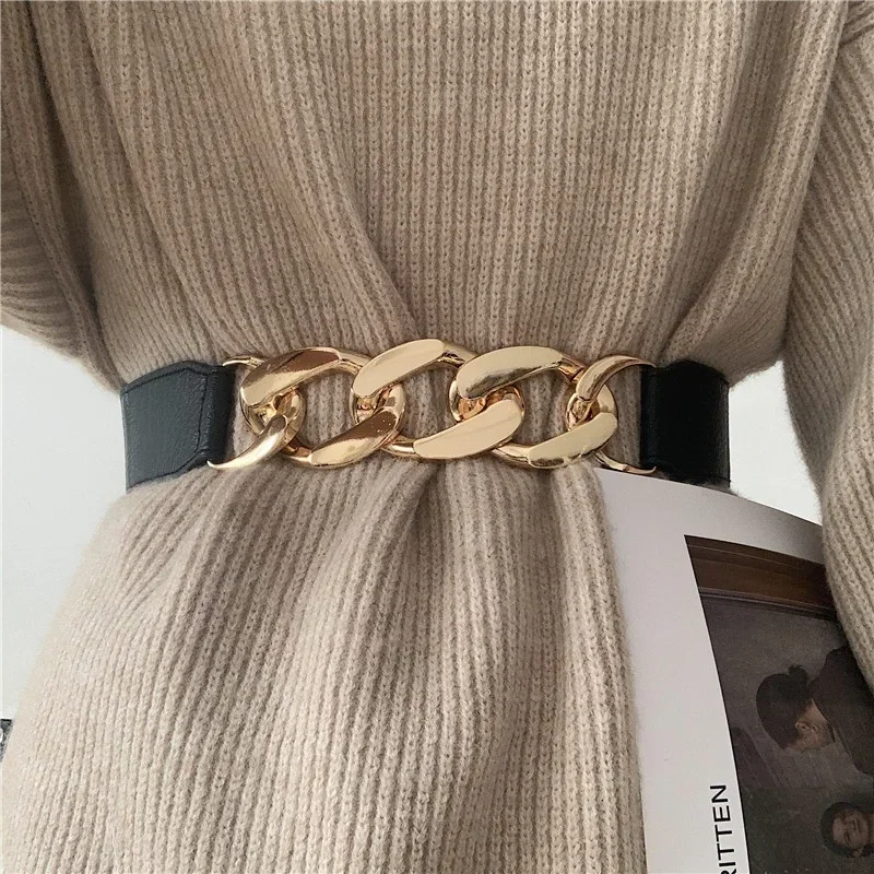 Elastic-Wide-Metal-Chain-Buckle-Belt-Lady-Girls-PU-Leather-with-Rivet ...