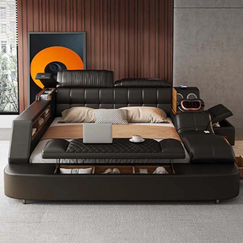 Luxury-Modern-Double-Bed-Storage-Black-Leather-Multifunctional ...