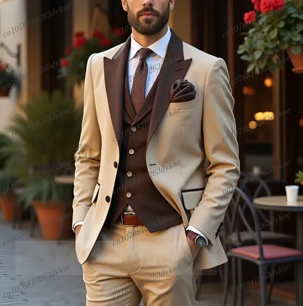 Champagne And Brown Men Suit Wedding Party Formal Groom Groomsman Prom ...