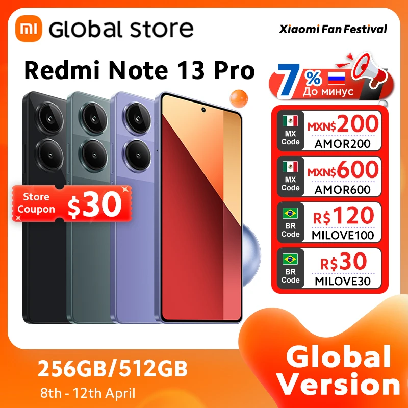 Xiaomi-Smartphone Redmi Note 13 Pro, versión Global, 4G, MTK Helio G99-Ultra, Pantalla AMOLED de ...