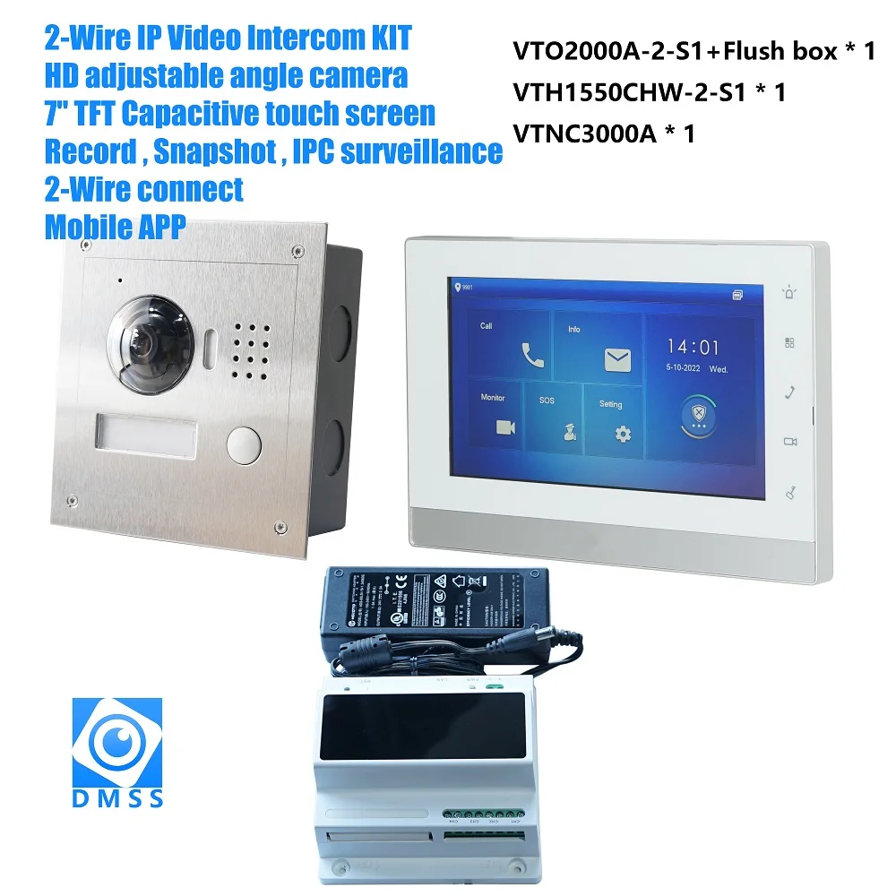 DH çoklu dil 2 telli IP Video interkom kiti, VTO2000A 2 S1 & VTH1550CHW ...