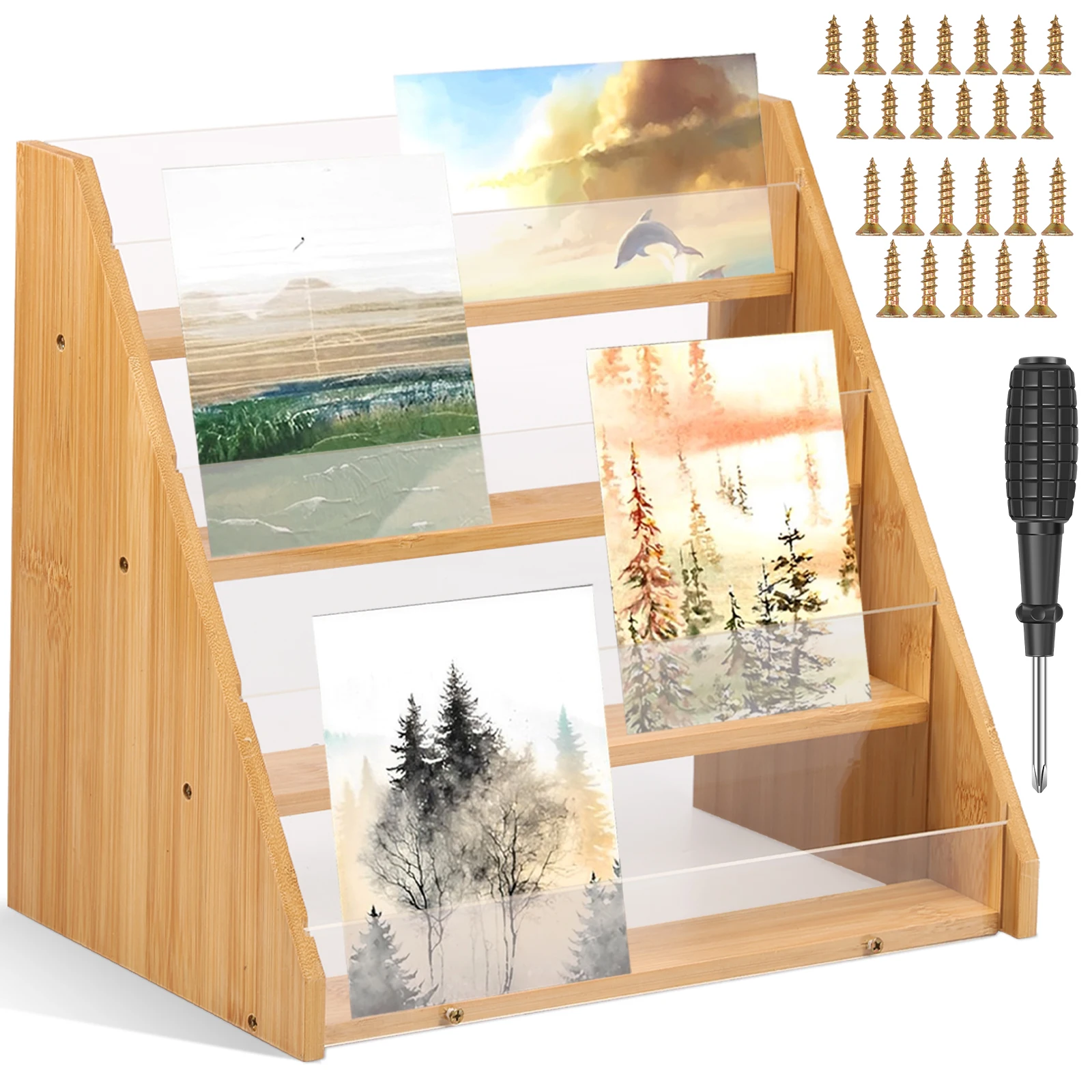 Card-Display-Stand-Multifunctional-Bamboo-and-Acrylic-Card-Stand-4-Tier ...