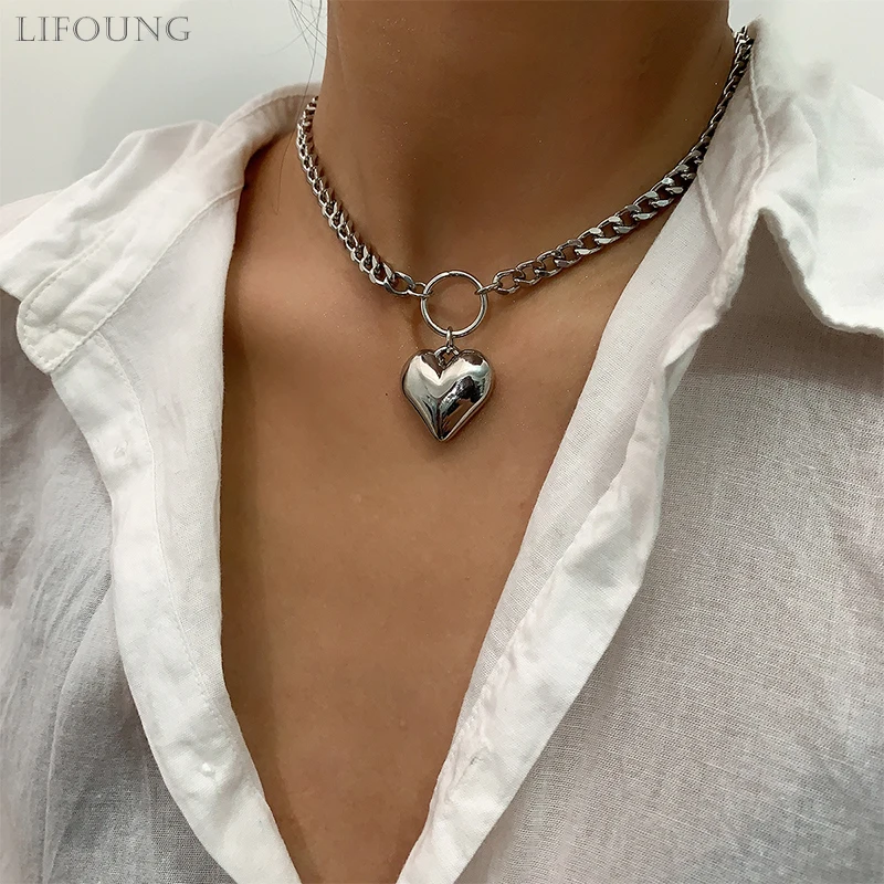 Metal Link Chain Necklace For Women Heart Pendant Short Style Choker ...