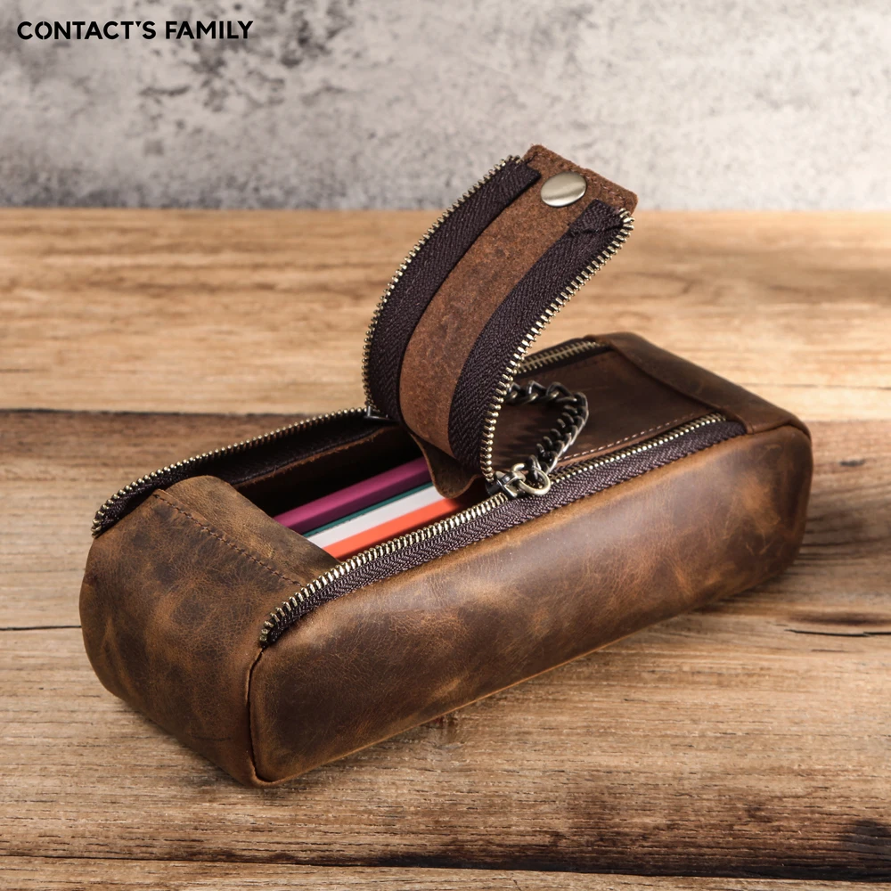Handmade-Genuine-Leather-Pencil-Bag-Vintage-Double-Zipper-Design-Pen ...