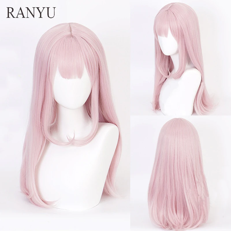 RANYU Anime Pink Long Straight Wig Synthetic With Bangs Women Natural ...