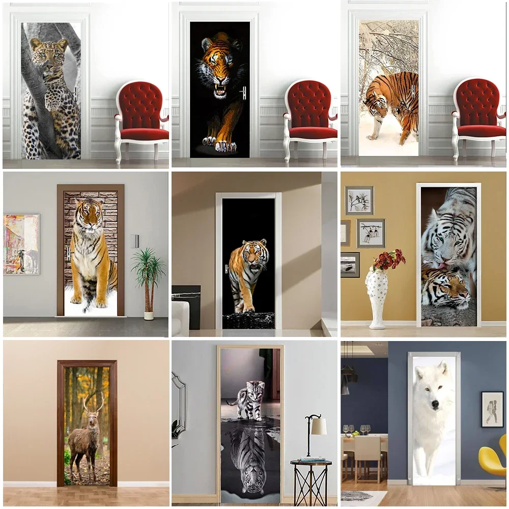 3D-Tiger-Door-Sticker-Animal-Wallpaper-PVC-Vinyl-Waterproof-Self ...