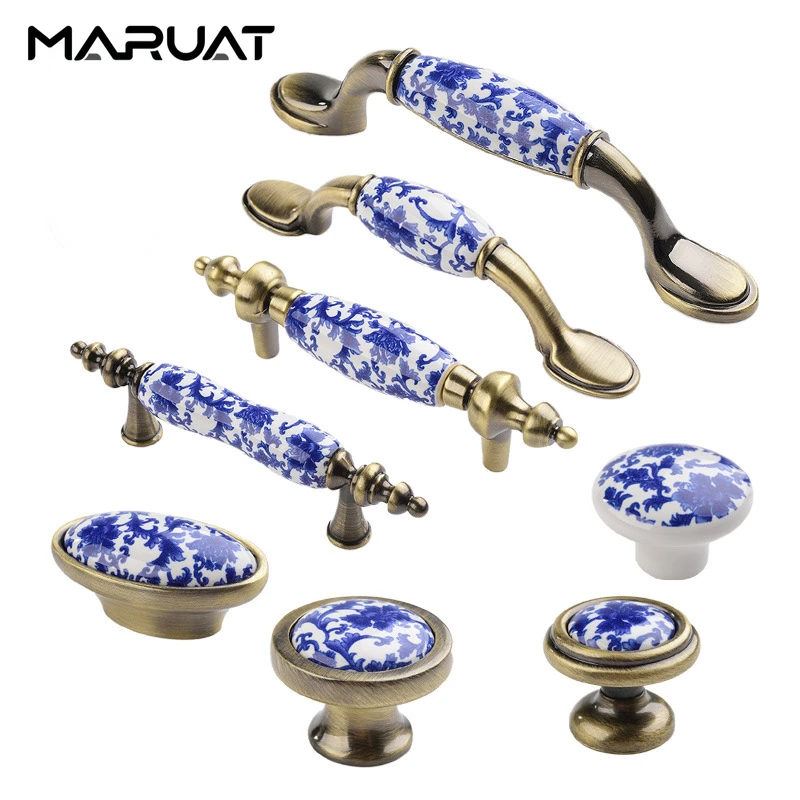 Blue-and-White-Porcelain-Ceramic-Kitchen-Cabinets-Handles-Solid-Single ...