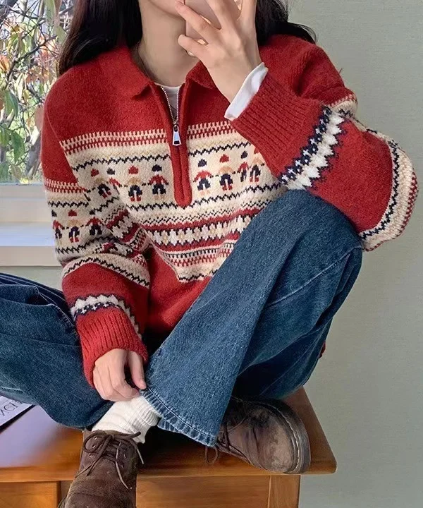 Half-Zipper-Red-Sweater-Women-Autumn-and-Winter-Soft-Glutinous-Raccoon ...