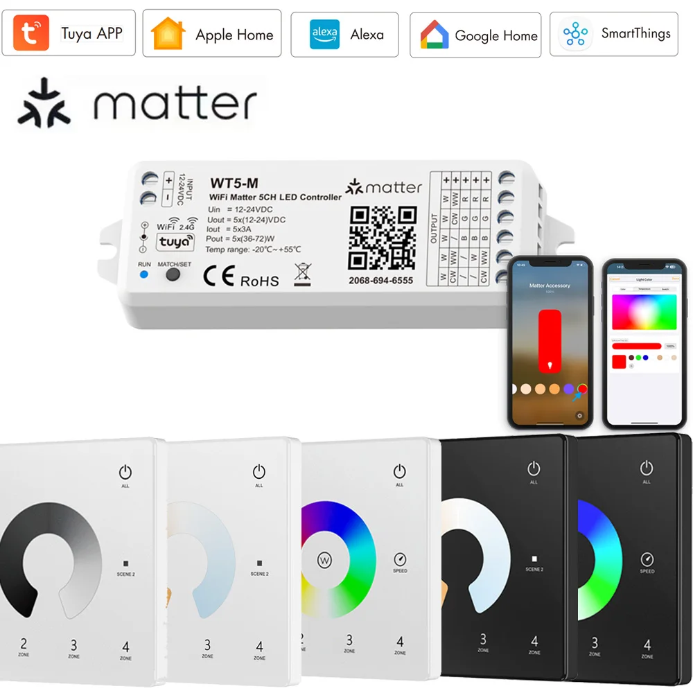 DC12V-24V-Matter-Wifi-5in1-LED-Controller-Dimmer-2-4G-RF-CCT-RGB-RGBW ...
