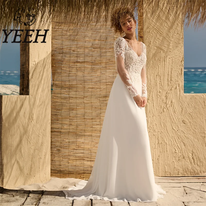 YEEH-Vestido De novia De manga larga con Apliques De encaje, traje De ...