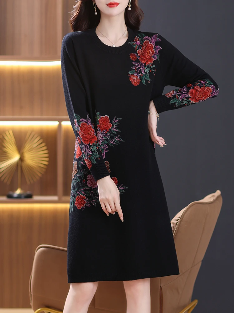 Floral-Print-Long-Sweaters-Dress-Spring-Women-Clothing-Long-Sleeve ...