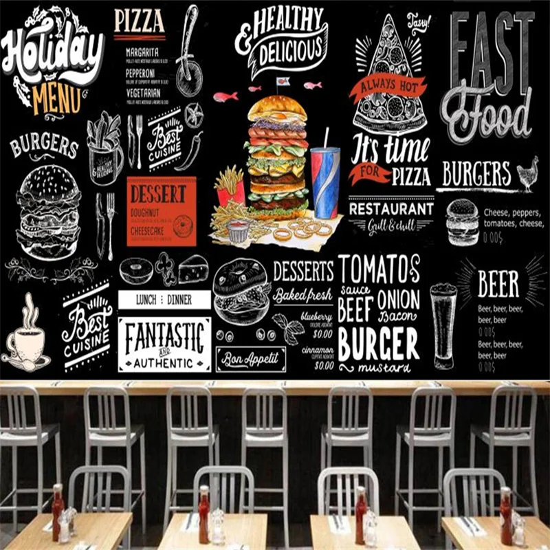 Hand Painted Burger Cola Pizza Wallpaper Industrial Decor Mural Fast ...