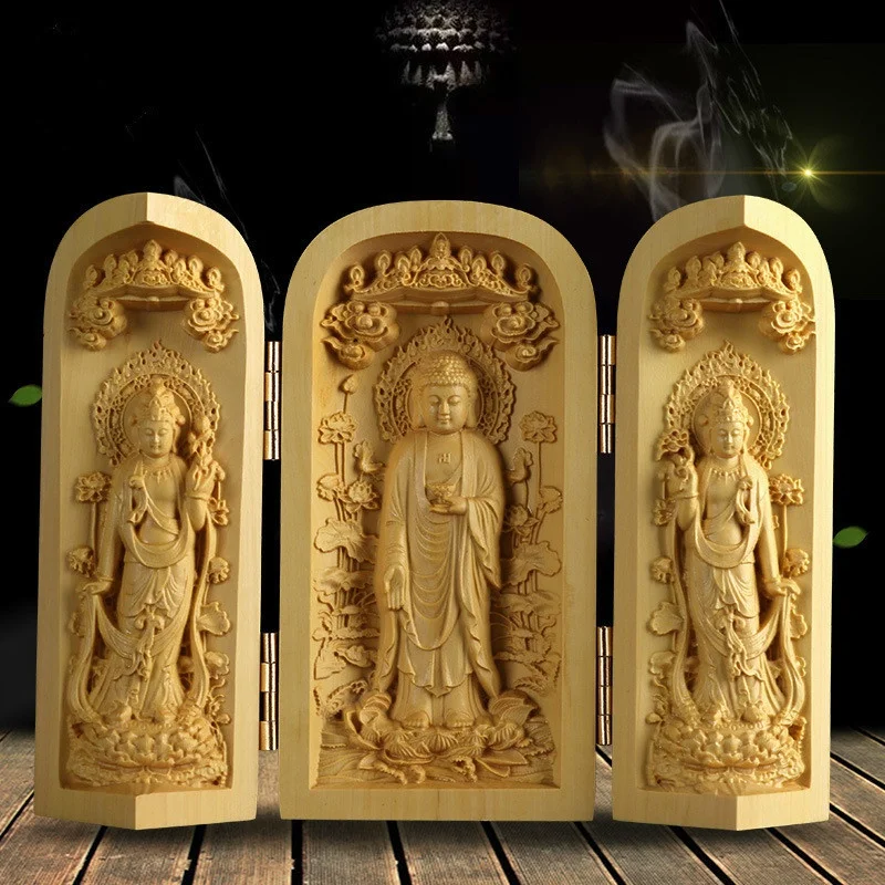 1Pc Exquisite Boxwood Carving Guanyin Buddha Statue Western Sansheng ...
