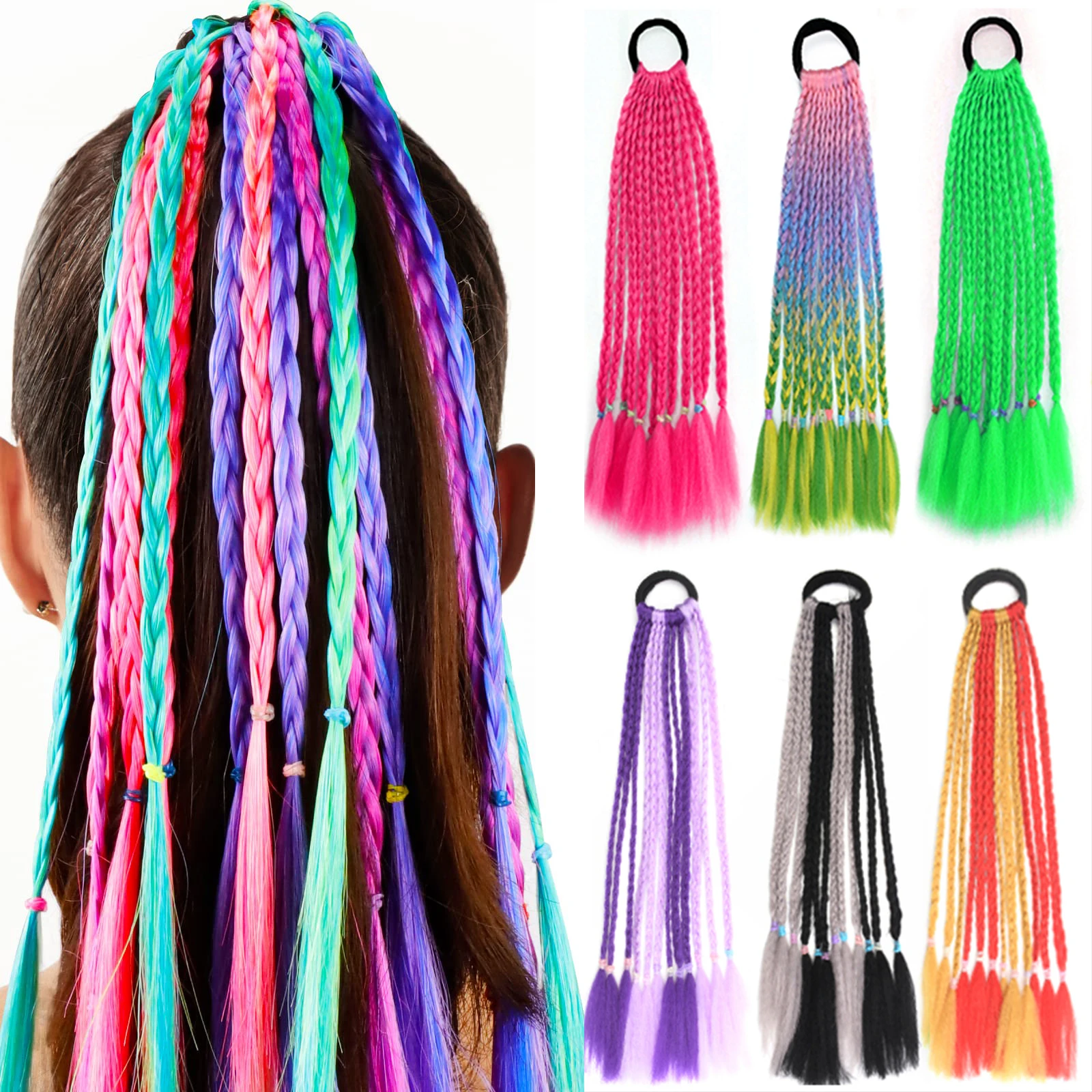 Synthetic-Rainbow-Color-Braided-Ponytail-For-Girls-Hair-Elastic-Rubber ...