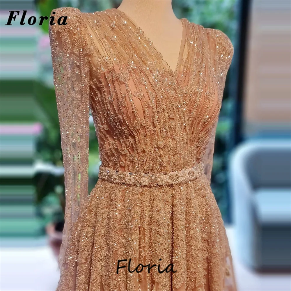 Champagne V Neck Celebrity Dresses Long Sleeves Female Evening Dresses ...