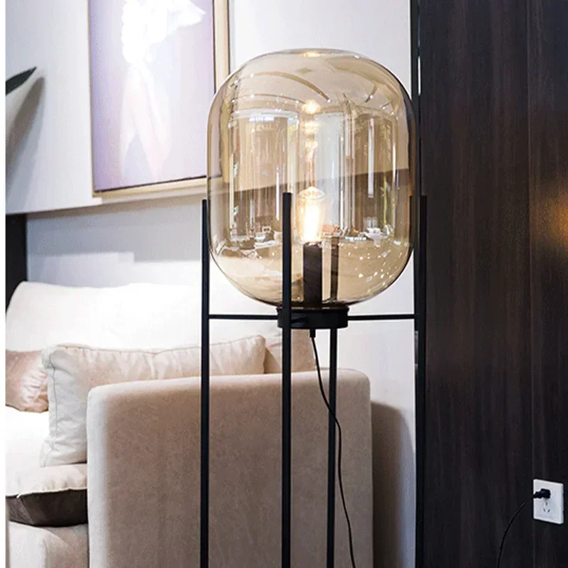 Nordic-Floor-Lamp-Living-Room-Stand-Light-Amber-Smoke-Gray-Glass ...