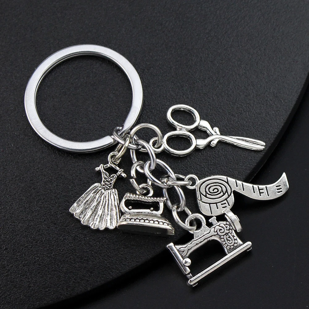 Sewing-Machine-Keychain-Tailor-Key-Ring-Lron-Tape-Measure-Scissors ...