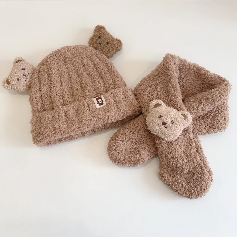 겨울 봉제 아기 모자 스카프 세트 귀여운 곰 어린이 모자 따뜻한 어린이 스카프 어린이 비니 모자 여아 남아용 한국 스타일