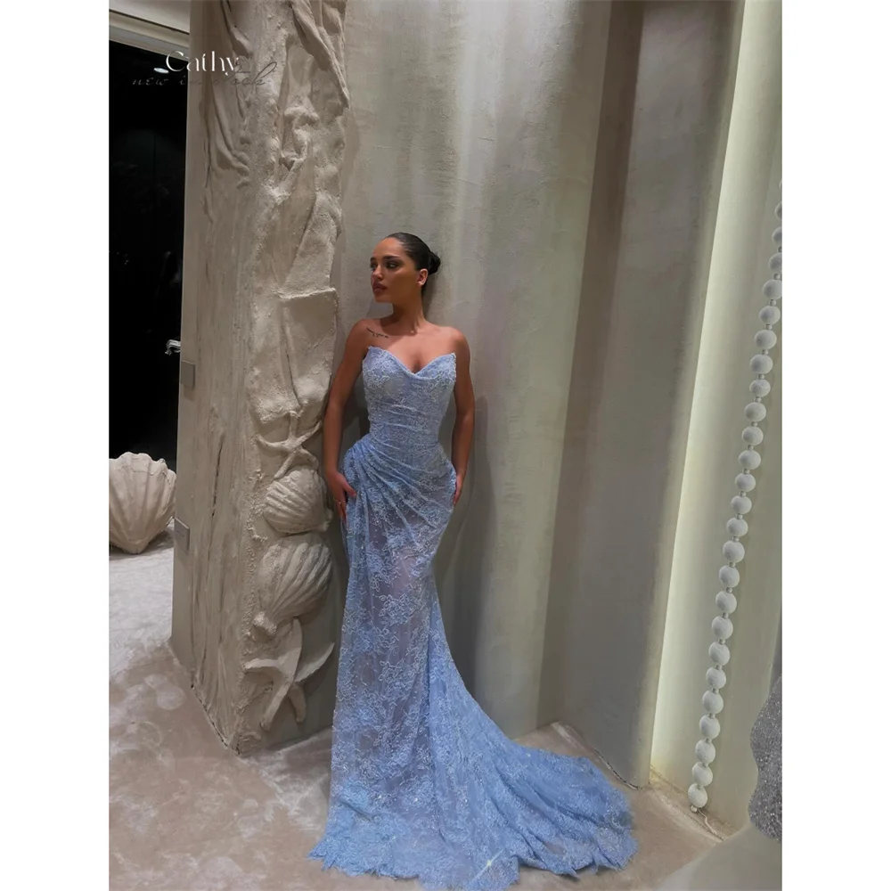 Cathy Customized Blue Sheath Shiny Beads Prom Dresses Sleeveless Pleats ...
