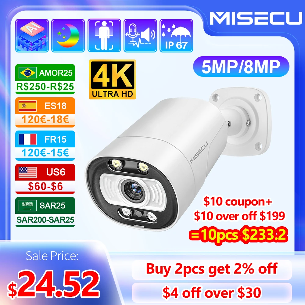 MISECU H.265 Real 4K Ai Smart POE Camera 5MP 8MP Two way Audio Human ...