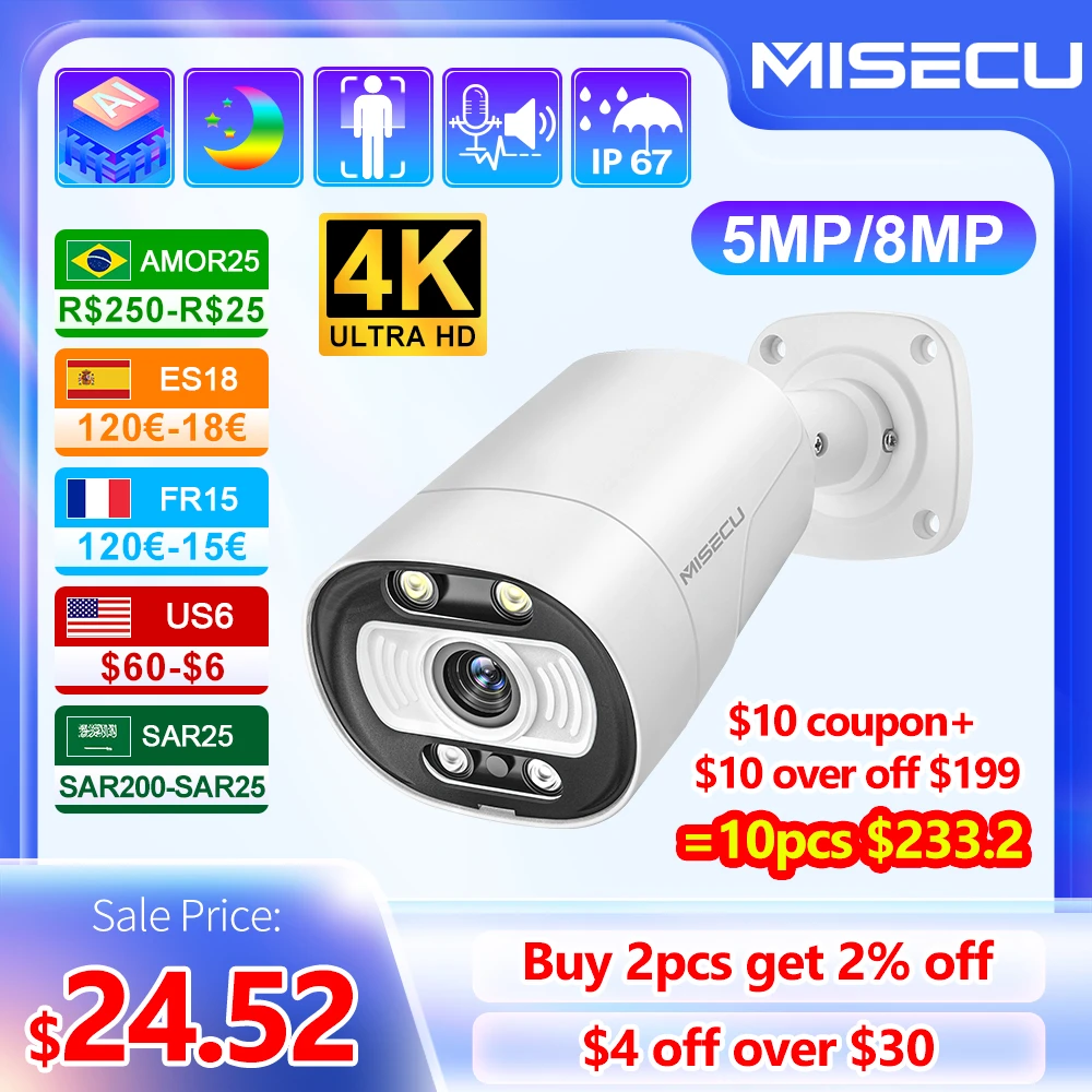 MISECU H.265 Real 4K Ai Smart POE Camera 5MP 8MP Two-way Audio Human ...