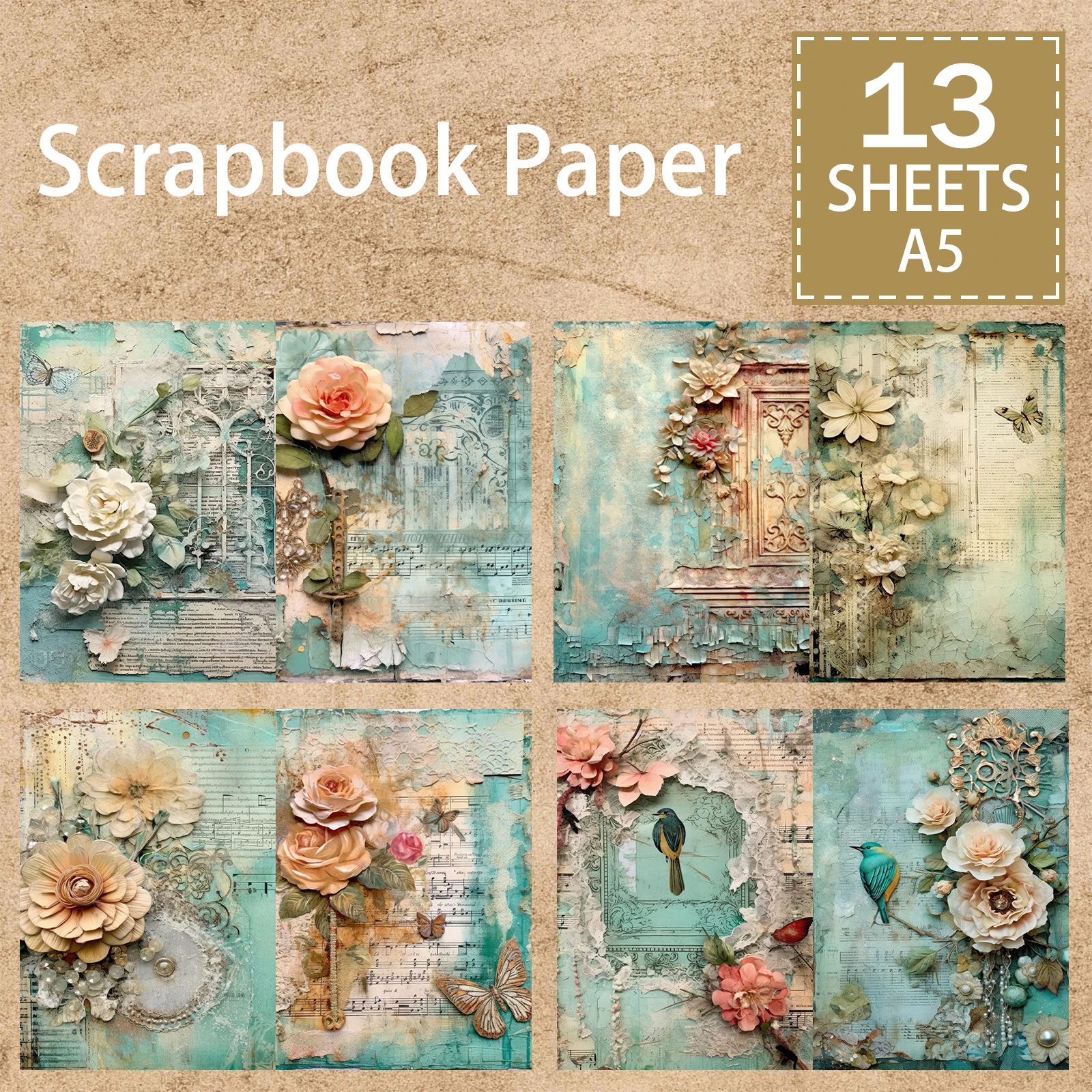13-Sheets-A5-Size-Blue-Retro-Music-Score-Background-Flowers-Pearls ...