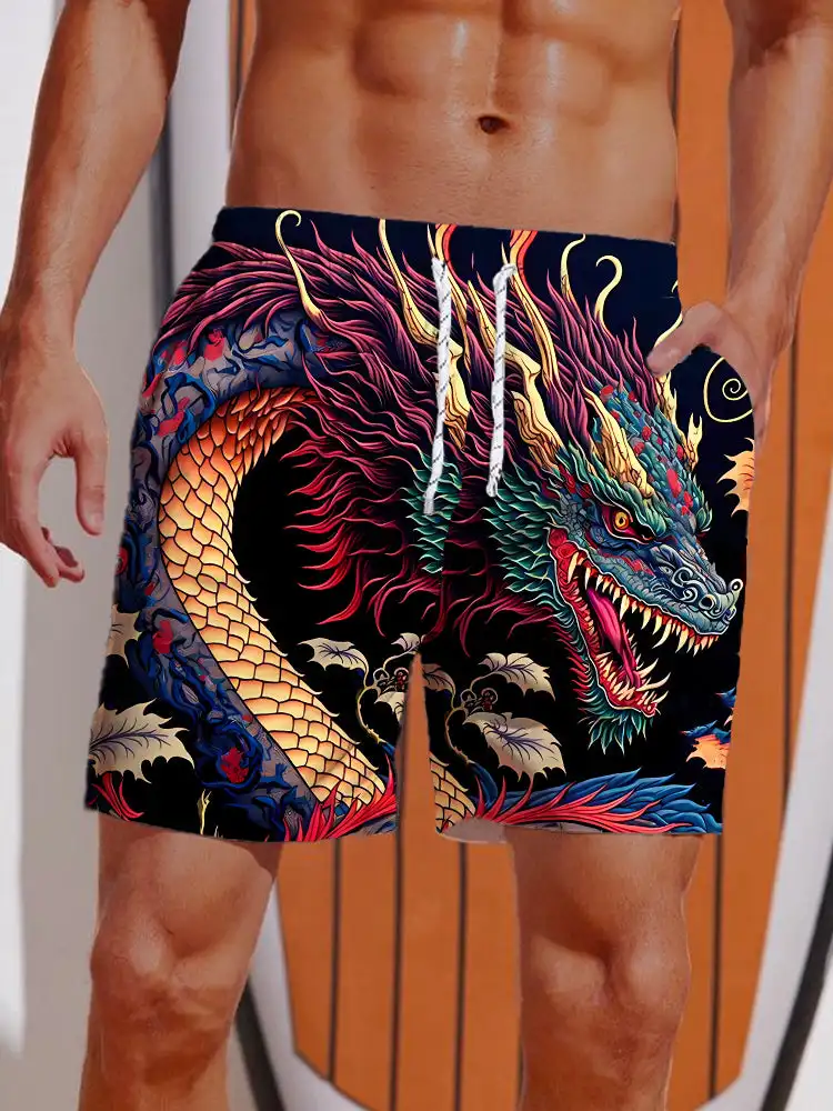 2024 Summer 3D Printed Ukiyo-E Fierce Dragon Printing Shorts Men's ...