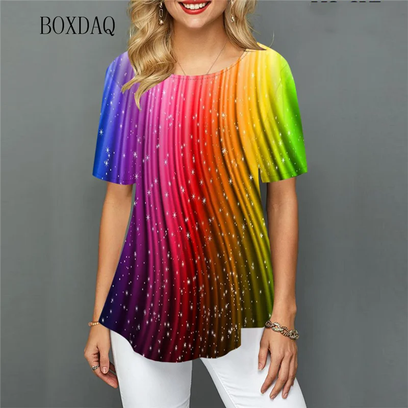 Rainbow Striped Women Fashion Streetwear T-shirts Short Sleeve Round ...