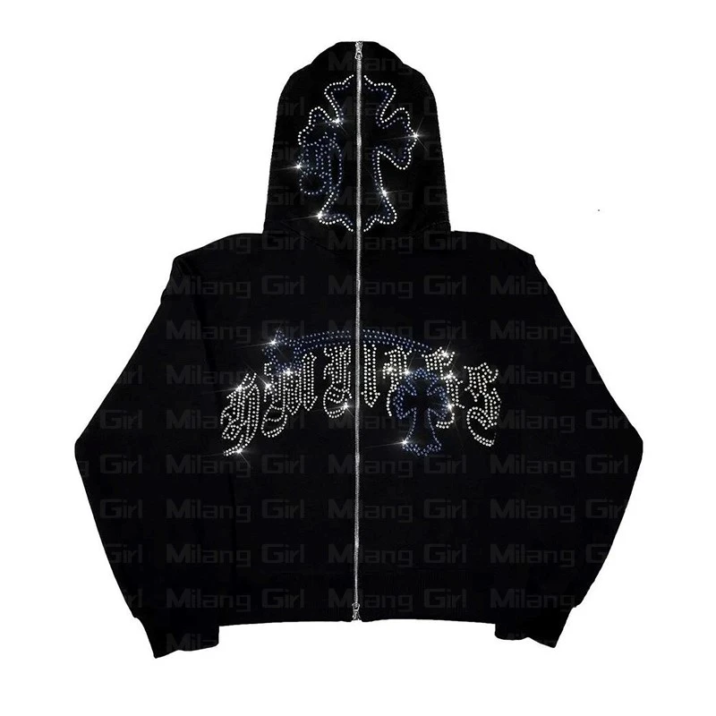 Men Y2k Fashion Hoodie Rhinestones Letter Graphics Print Zip Hoodie ...