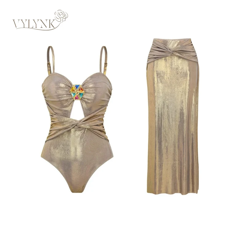 2025 Women’s Glossy One-Piece Swimsuit Skrit Set Sexy Cutout Bikini Set ...
