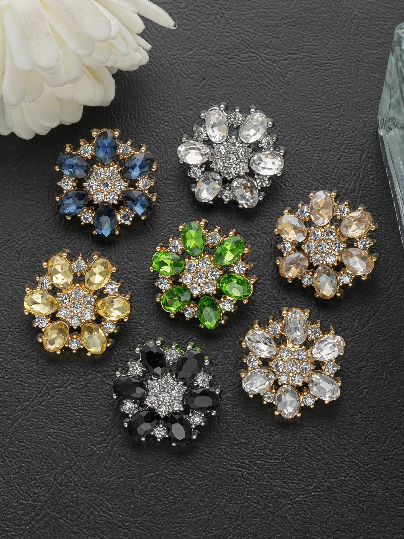 3pcs/Pack Metal Flower Buttons Sparkling Full Rhinestone Fashion ...