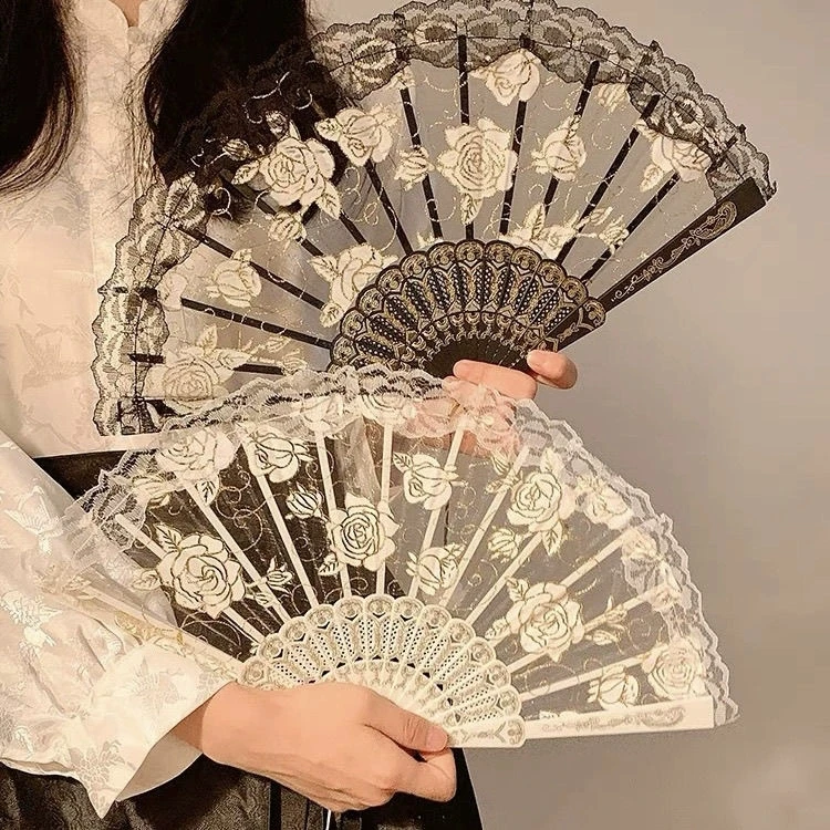 Lolita Gothic Fan Victorian Female Lace Hand Fan Vintage Black White ...