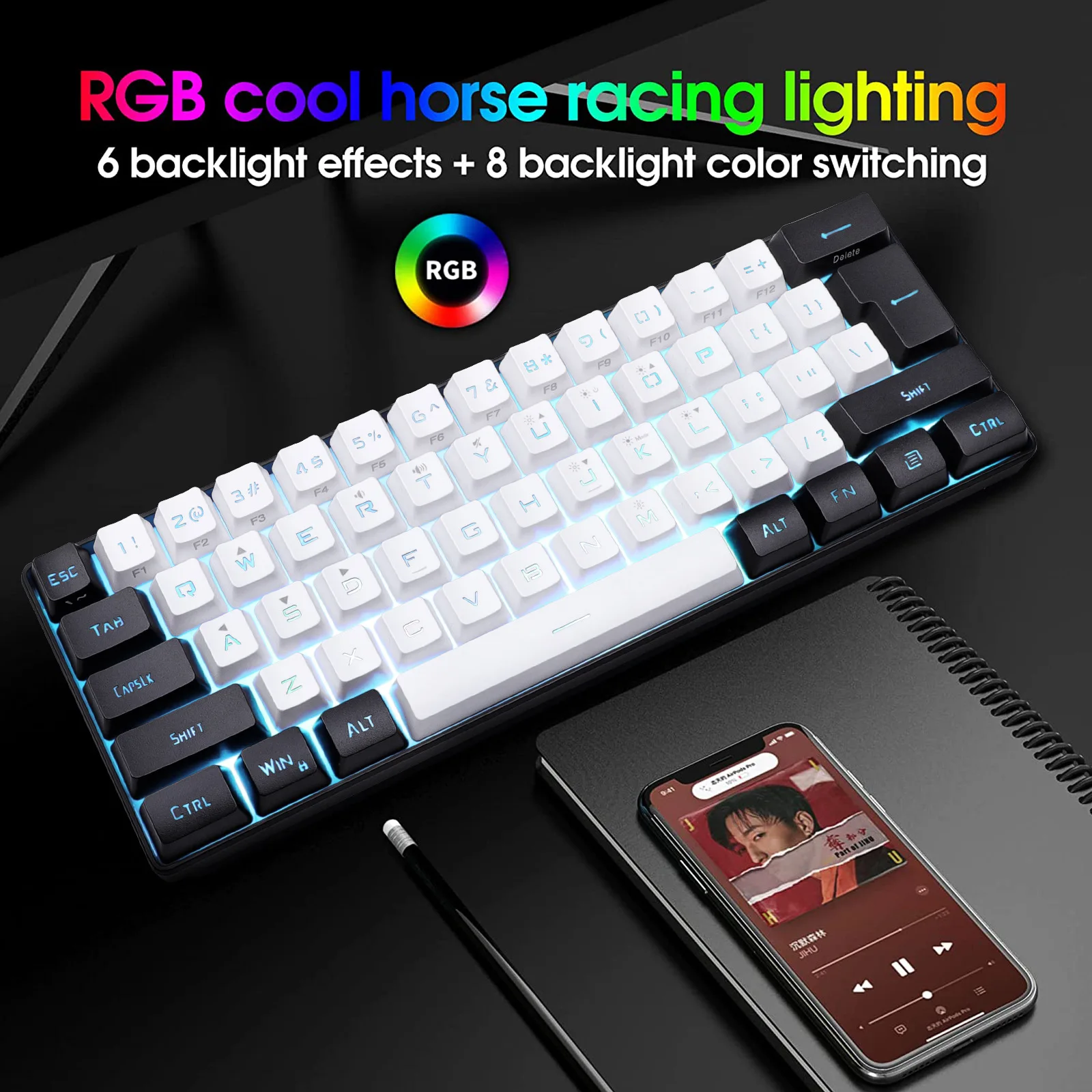 Colorful RGB Backlit USB Mini Gaming Keyboard 61 Keys Wired Detachable ...