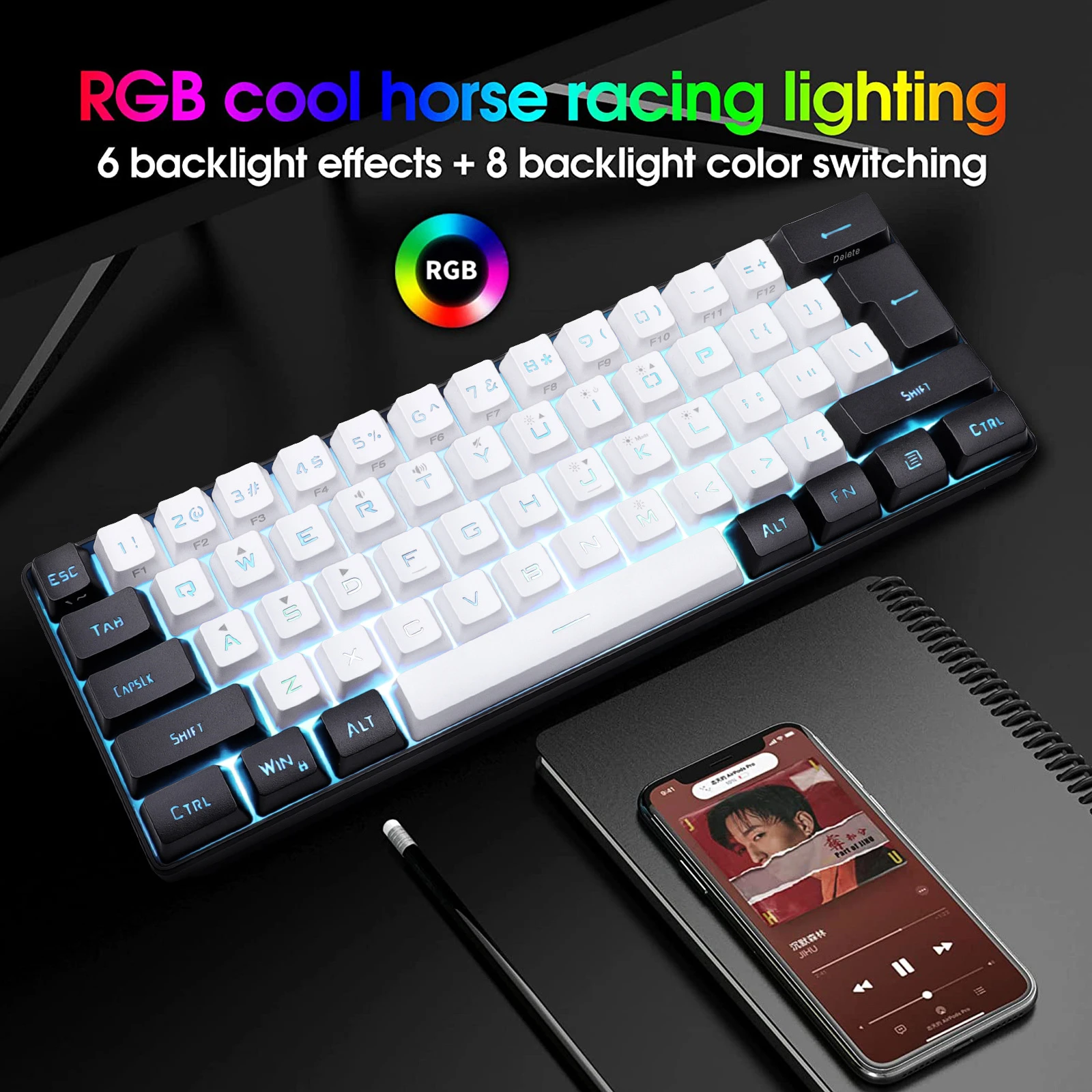 Colorful RGB Backlit USB Mini Gaming Keyboard 61 Keys Wired Detachable ...