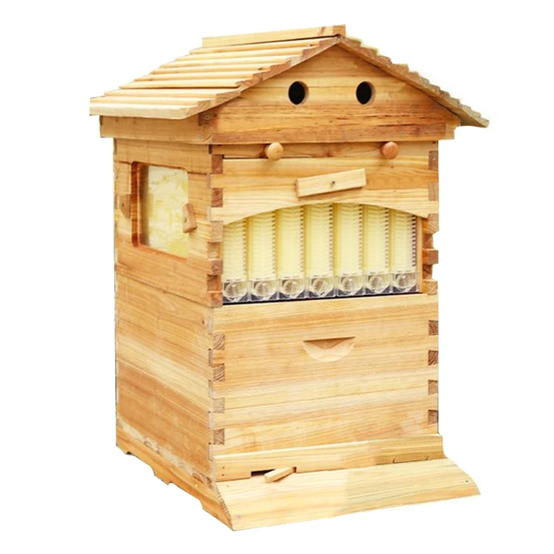 Waterproof-Wooden-Beehive-Self-Flowing-Double-Layer-Honeycomb-Natural ...