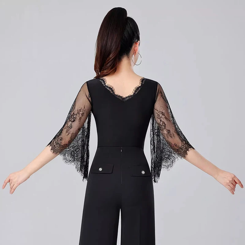Black Latin Dance Top for Women Waltz Blouse Performance Lace Sexy ...