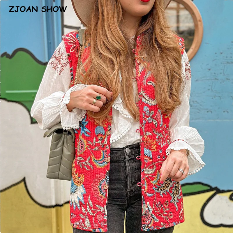 2023 Ethnic Women Chinese Red Flower Print Quilted Sleeveless Reversible Coat V neck Open ...