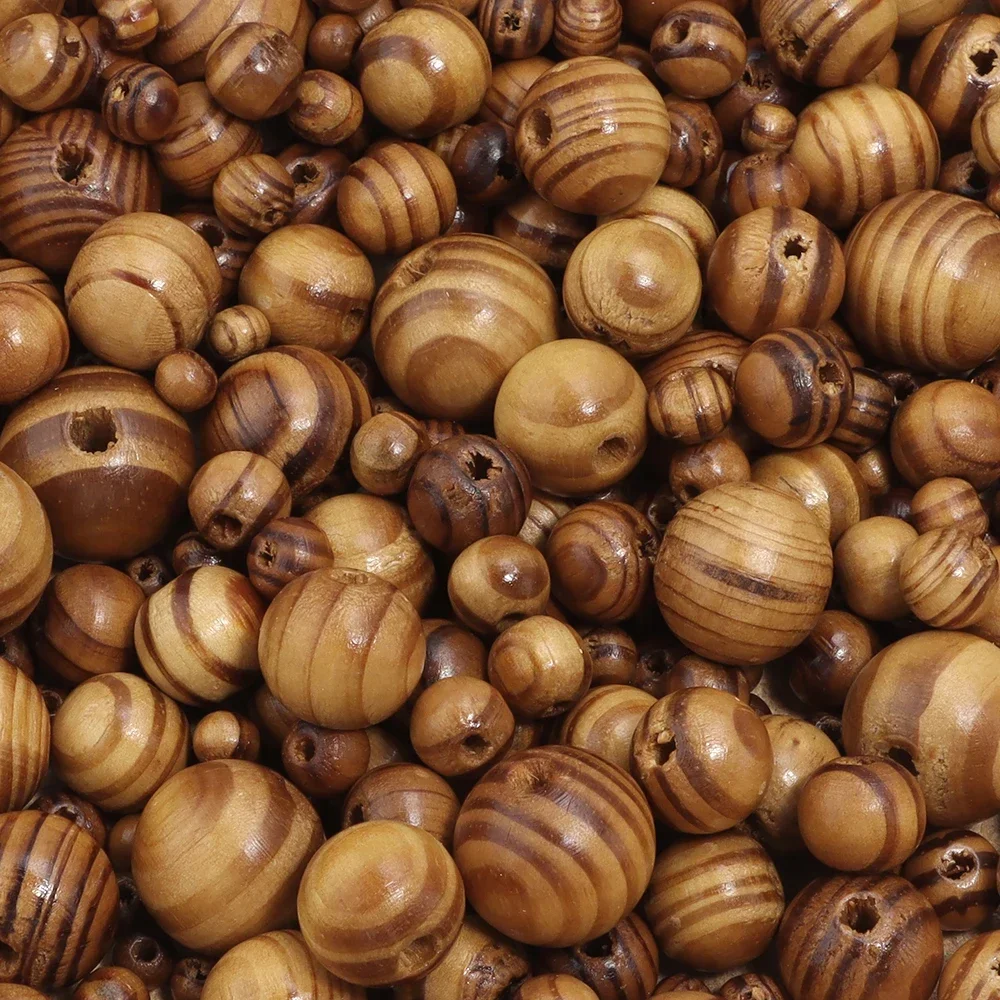 6/8/10/12/16/18mm Natural Pine Wood Beads Round Stripe Spacer Ball Bead ...