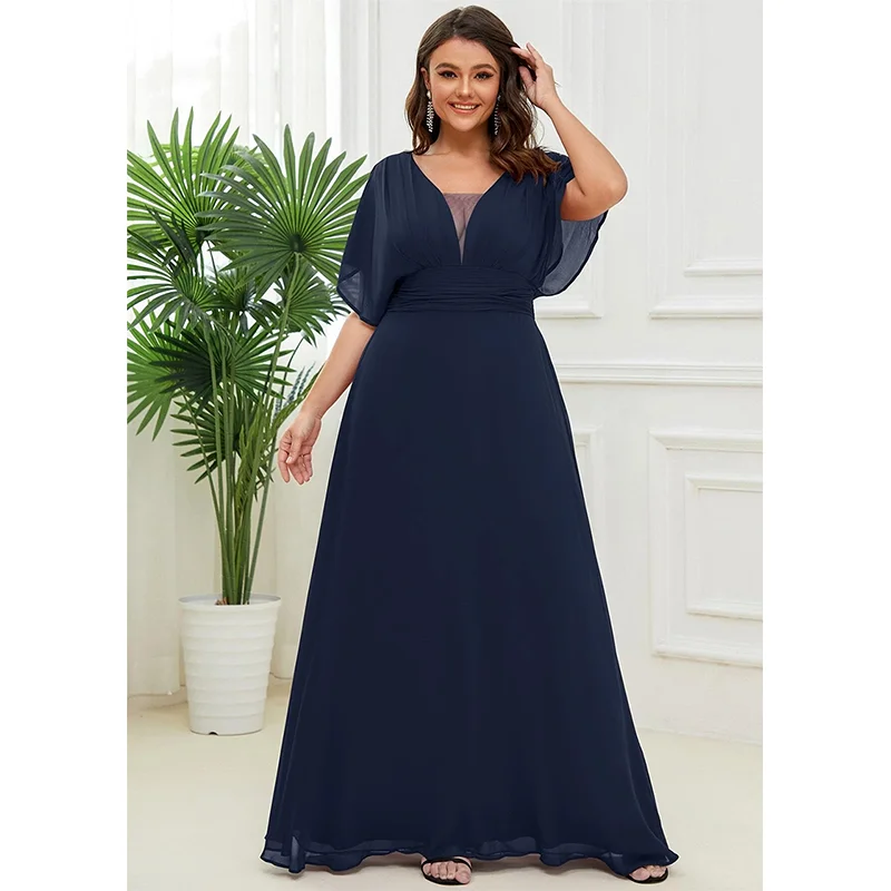 Plus Size 2023 Royal Blue 4XL 5XL Chiffon V Dress Wedding Loose Luxury V Neck Lace Plus Size ...