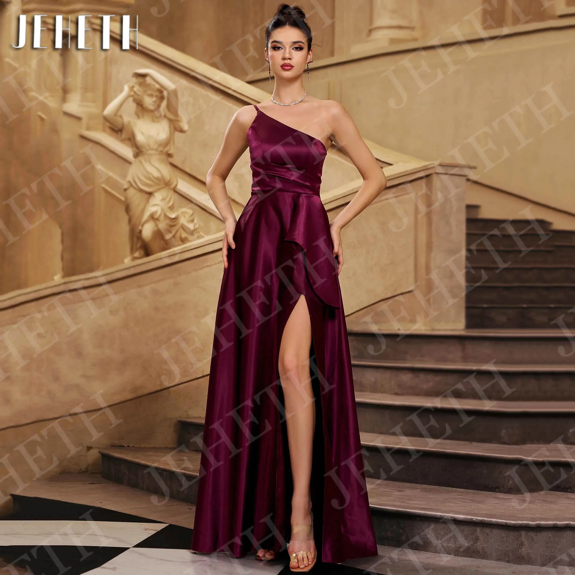 JEHETH Simple Evening Dresses Satin Prom Dress Sexy High Slit Burgundy ...