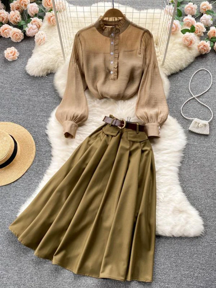 Ftlzz Autumn Winter Women Two Piece Sets Stand Collar Puff Sleeve