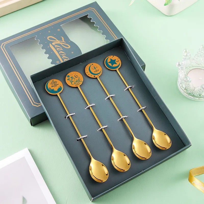 Stainless Steel Eid Mubarak Star Moon Spoon Gift Box Packing Ramadan ...