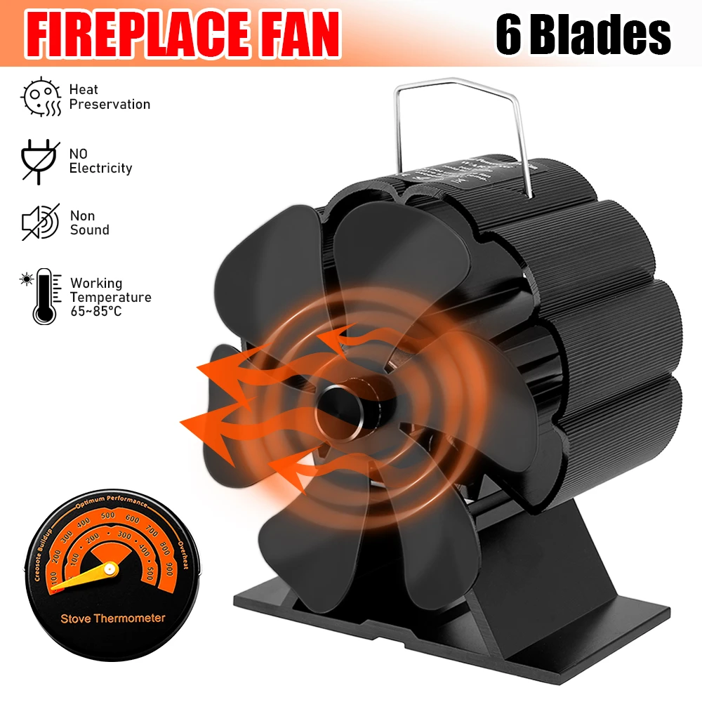 6 Blade Mini Black Fireplace Heat Powered Stove Fan Log Wood Burner ...