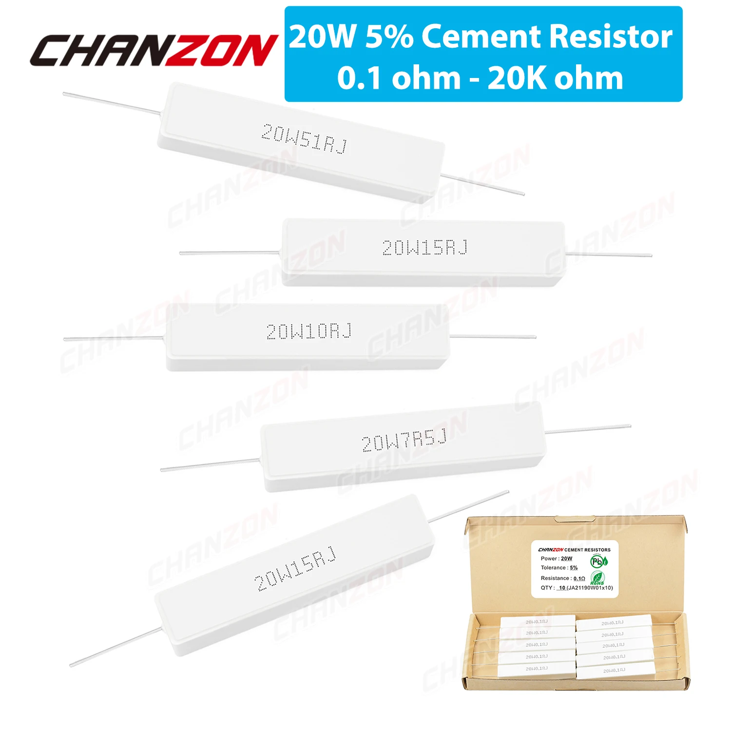 10Pcs 20W 5% Cement Wirewound Resistors 0.1 - 20K Ohm 20Watt Inductive ...