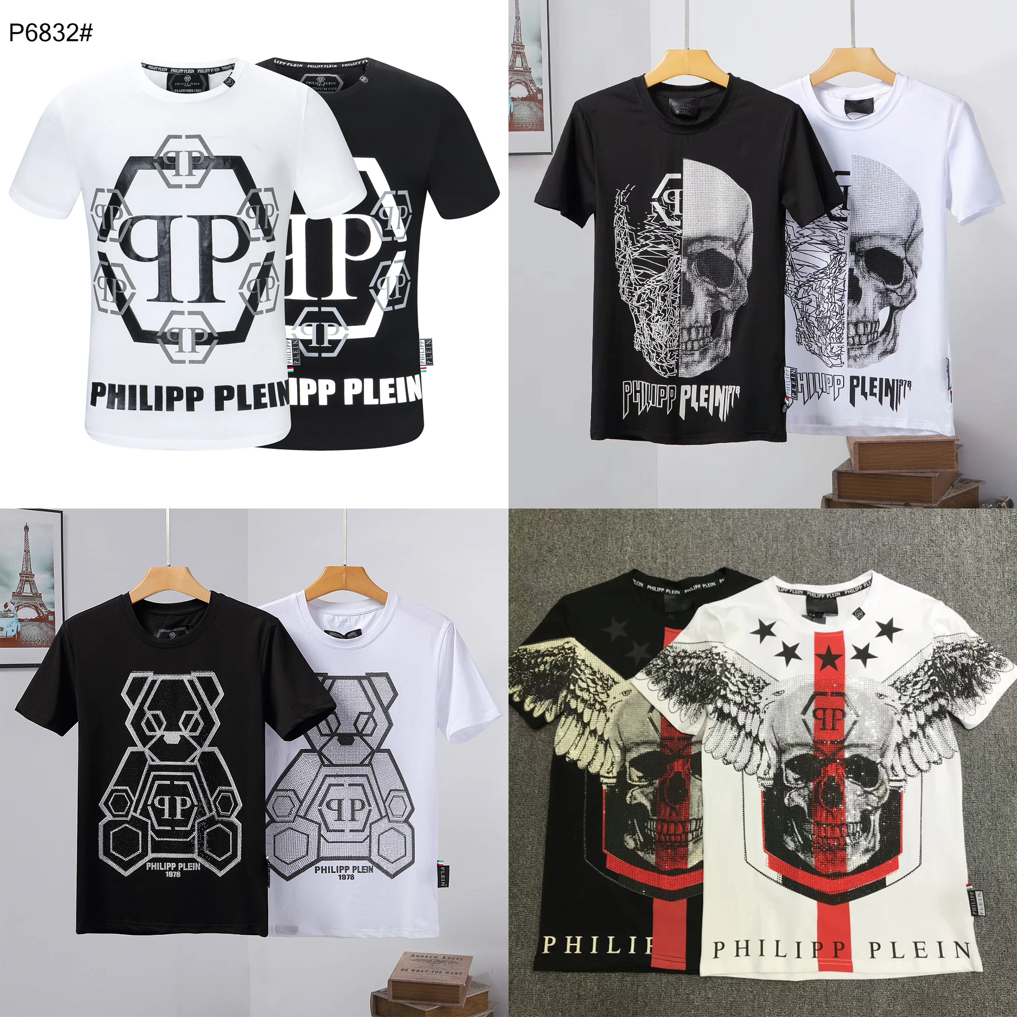 여름 캐주얼 코튼 Tshirt QP 필립 다이아몬드 패턴 인쇄 티 탑 스타일 남성 황금 실버 주름 티셔츠 M XXXL ...