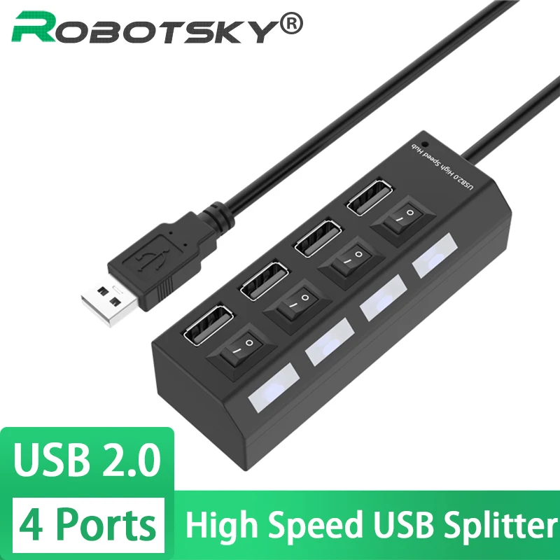 Robotsky USB 2.0 허브 4 포트 고속 USB 분배기, LED 표시기 장착, 온/오프 스위치, 데스크탑 노트북 및 노트북용|usb usb|usb usb ...