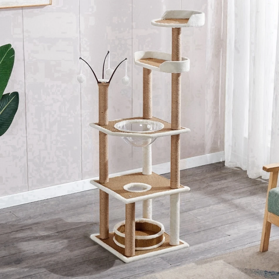 4-Layer-Wooden-Cat-Tree-House-Space-Cat-Bed-Rattan-Mat-climbing-frame ...