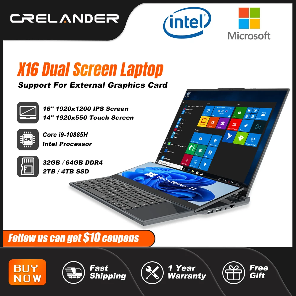 CRELANDER-Dual-Screen-Laptop-16-Inch-2K-LCD-14-Inch-Touch-Screen-Core ...